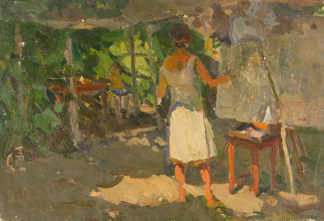 Vasili K. Nechitailo (1915 - 1980)"M. Savnikova painting in plein eir ...